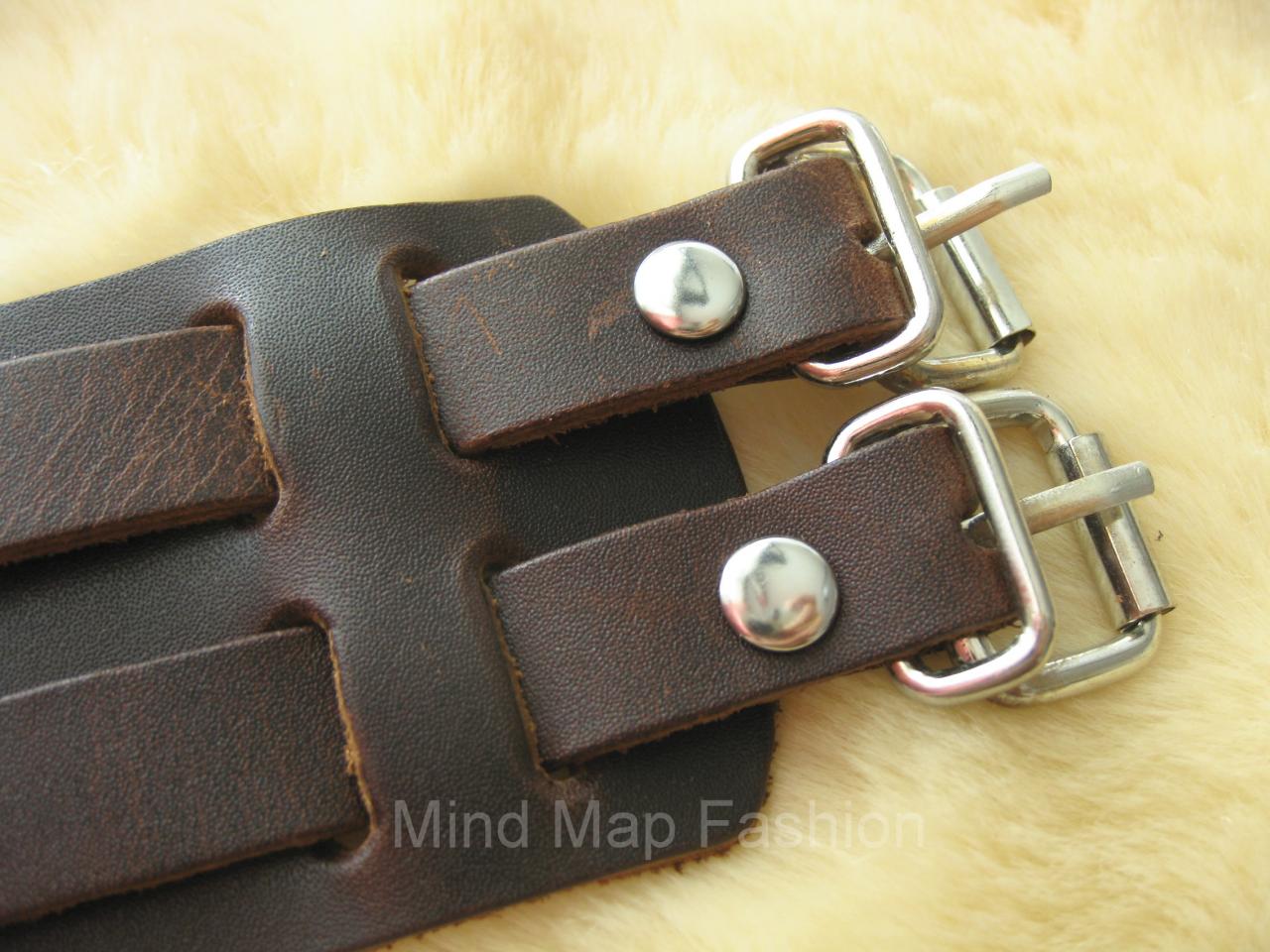 Punk Rock Leather Bracelet Wristband Bangle 2-strap & Buckles Wide Cuff ...