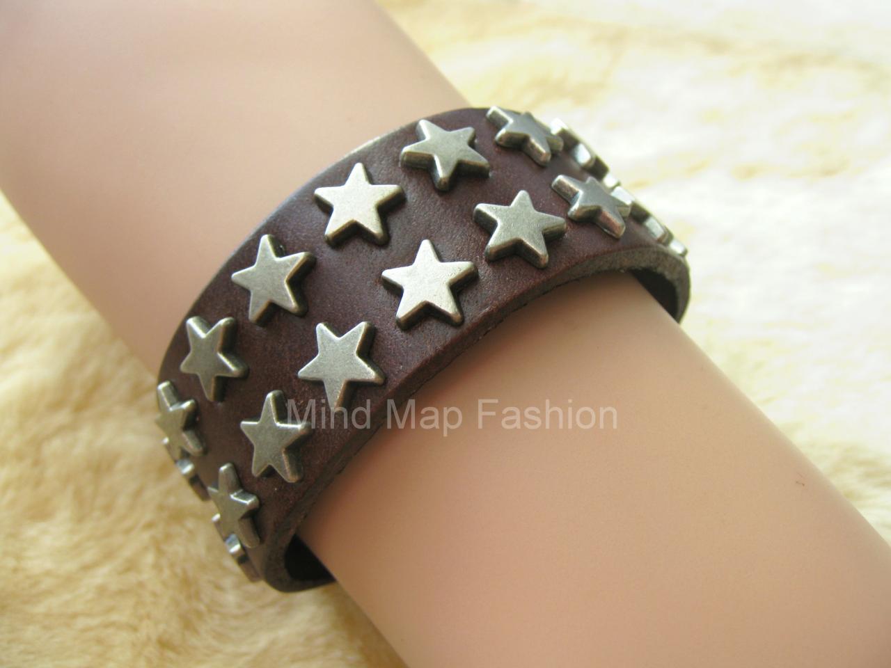 Punk Rock Star Stud Rivet Leather Snap Bracelet Dark Brown For Women ...
