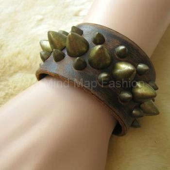 Punk Rock Leather Bracelet Wristband Bangle 2-Strap & Buckles Wide Cuff ...