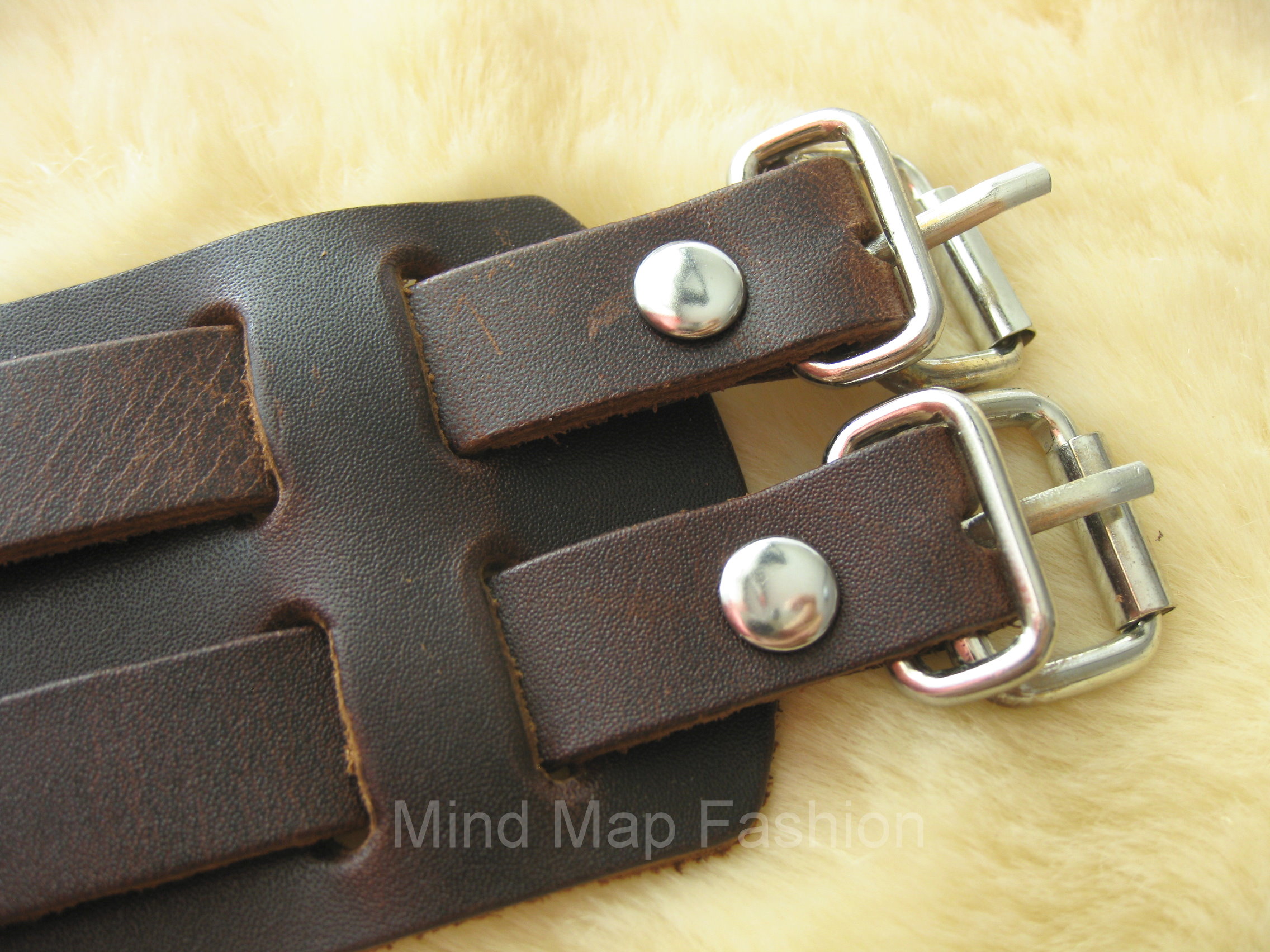 Punk Rock Leather Bracelet Wristband Bangle 2-strap & Buckles Wide Cuff ...