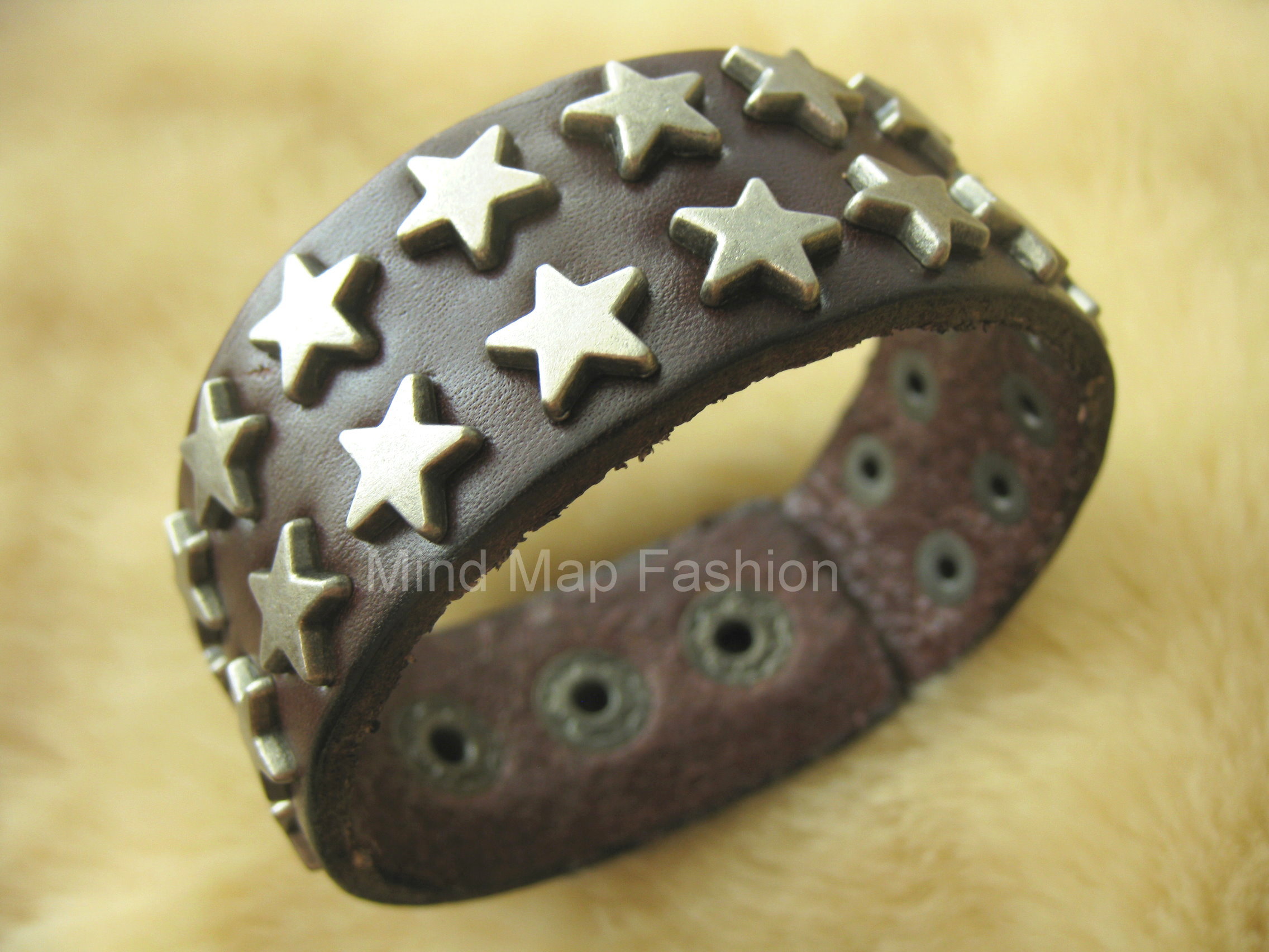 Punk Rock Star Stud Rivet Leather Snap Bracelet Dark Brown For Women ...